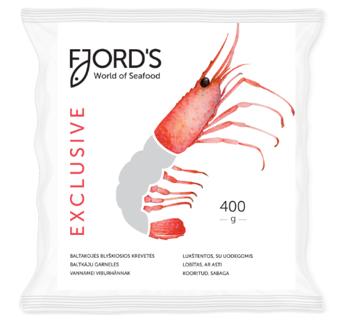 Šaldytos baltakojės blyškiosios krevetės FJORD'S, nevirtos, lukštentos, su uodegomis, 16/20 ...