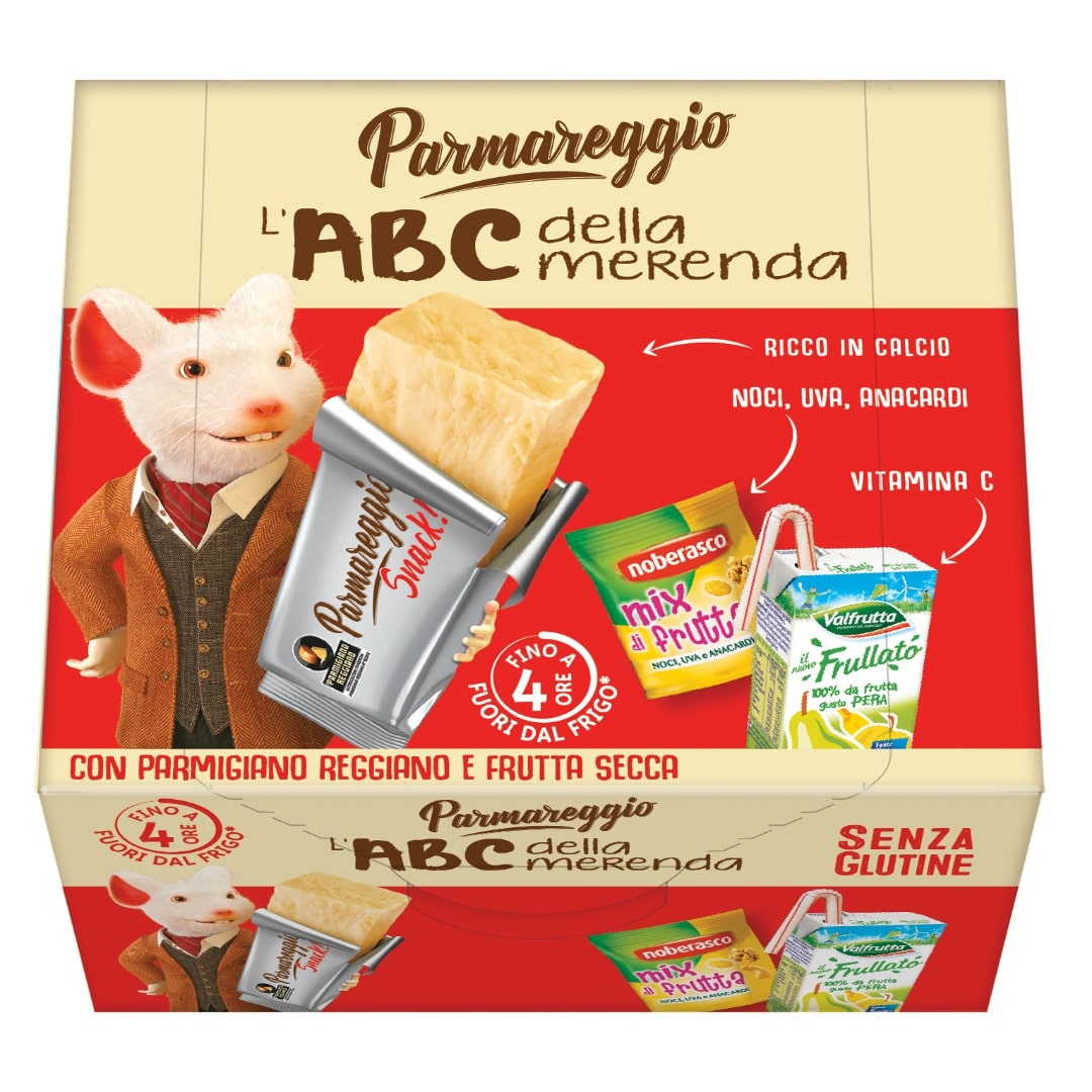 Parmareggio snack ABC, PARMIGIANO cheese bar, fruit snack, juice | ePromo